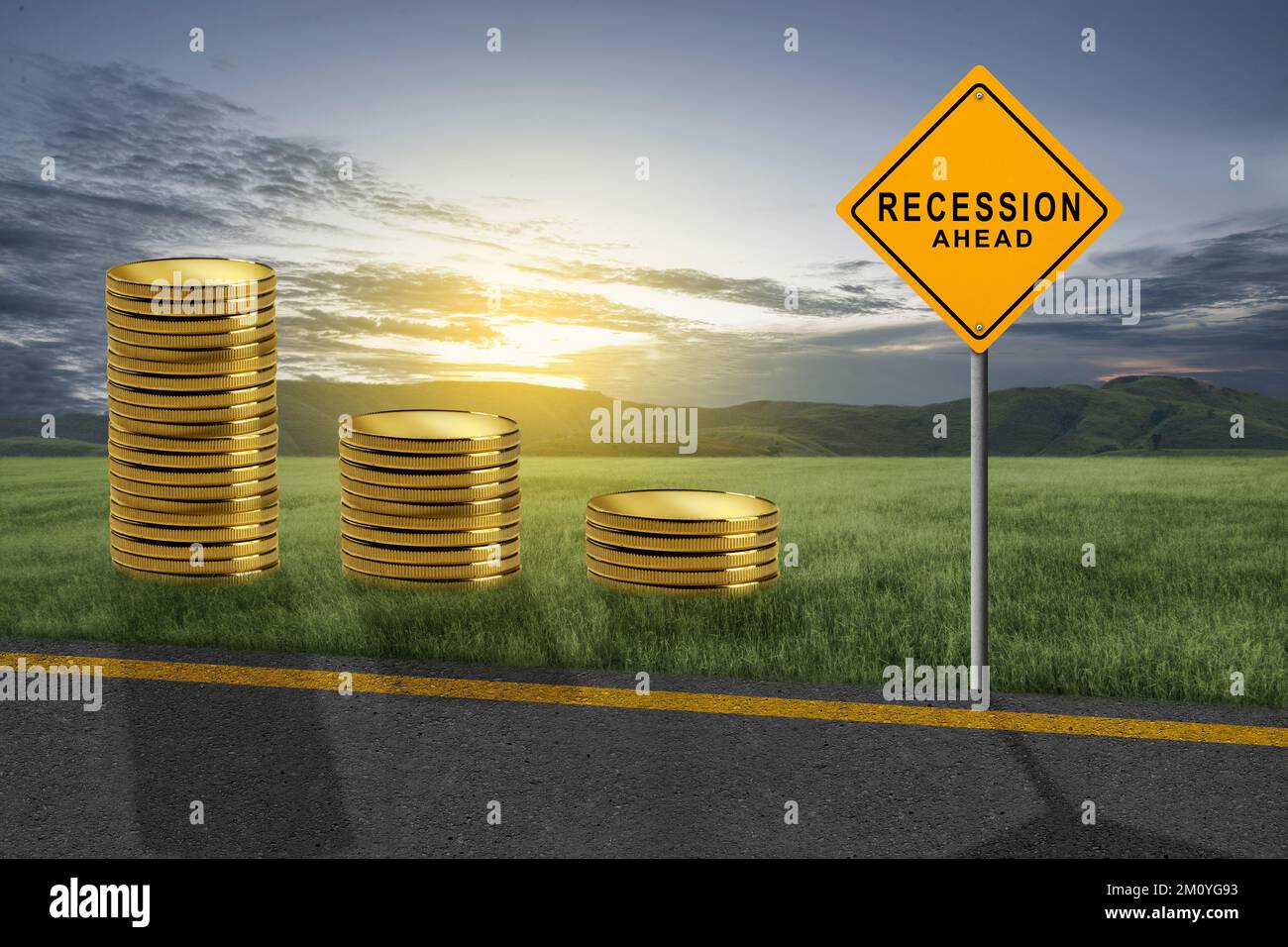 Street with recession sign with sunset sky background Stock Photo - Alamy