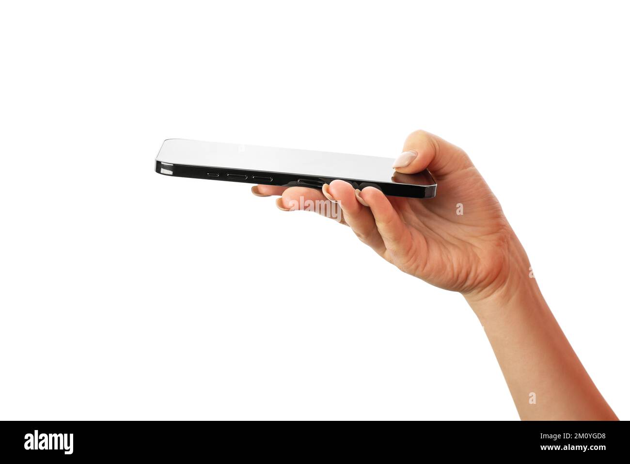 Woman hand holding horizontal smartphone mockup. New modern black ...