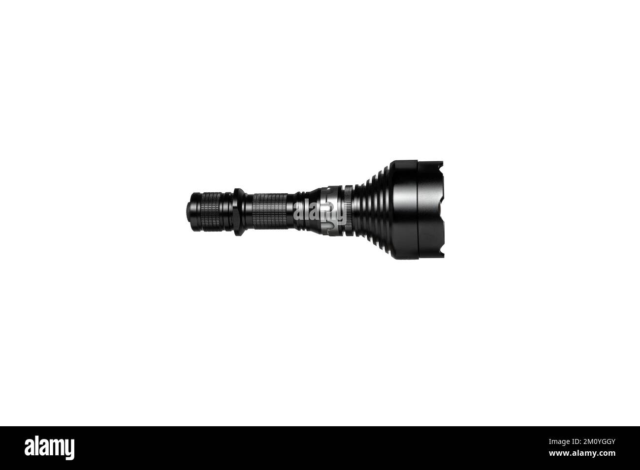 Modern metal LED flashlight in black color. Portable flashlight isolate ...