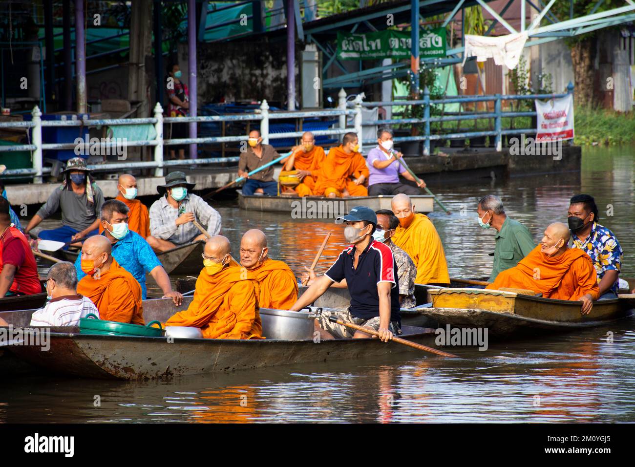 Thai people foreign traveler travel visit and join tradition merit ...