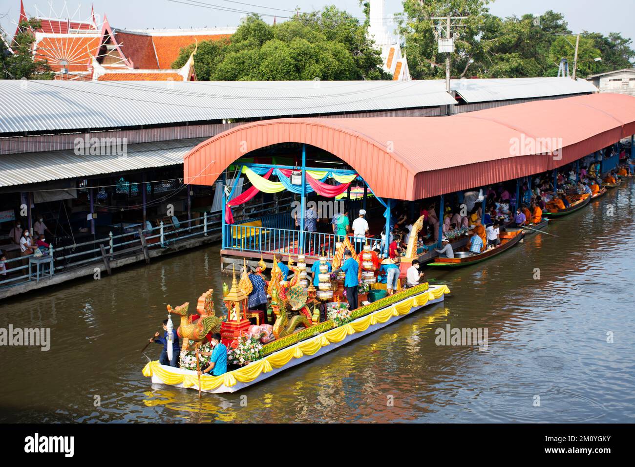 Thai people foreign traveler travel visit and join tradition merit ...