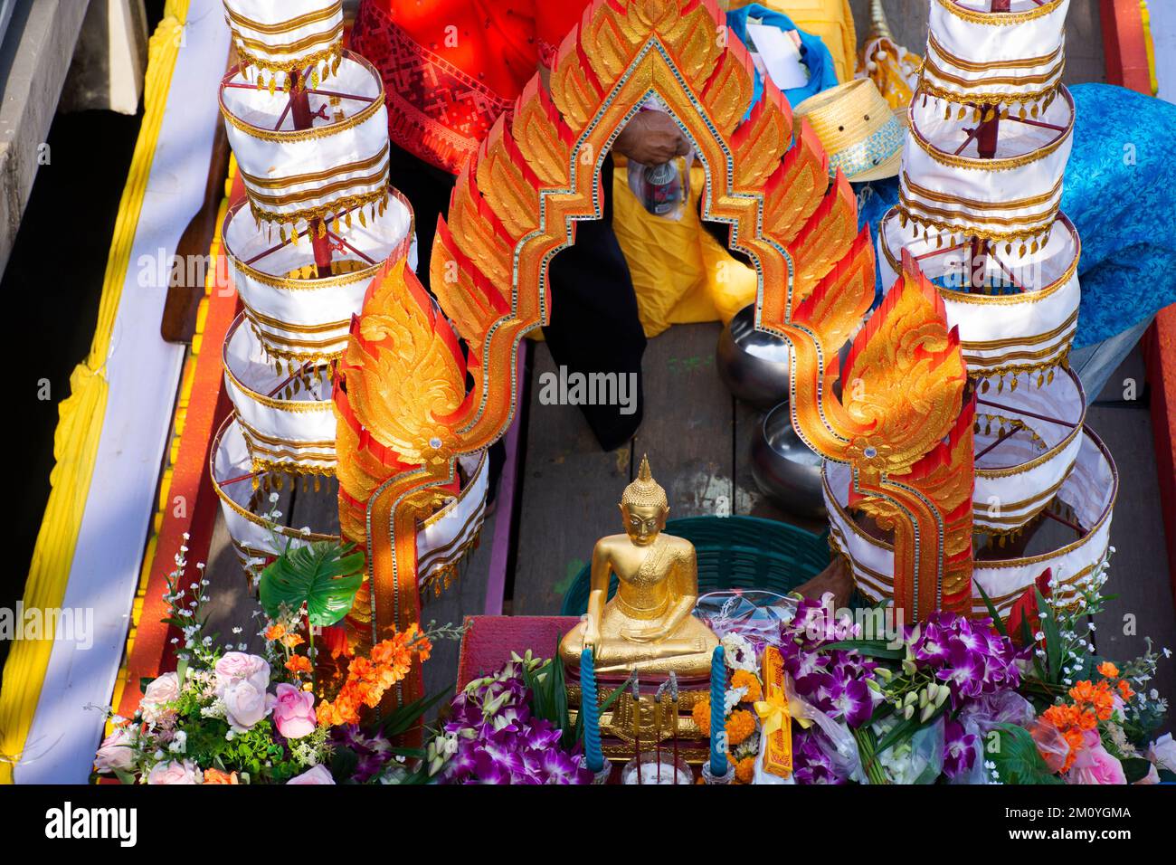 Ancient buddha on antique boat join tradition merit ritual and thai ...