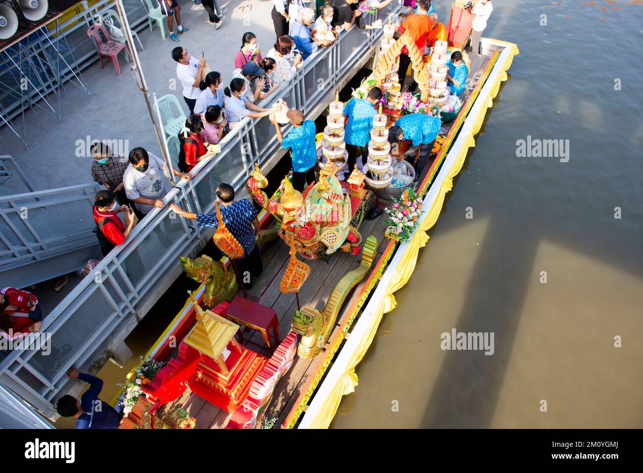 Thai people foreign traveler travel visit and join tradition merit ...