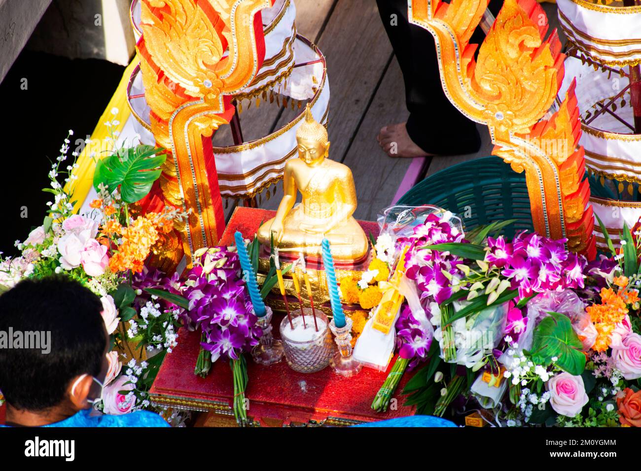 Ancient buddha on antique boat join tradition merit ritual and thai ...