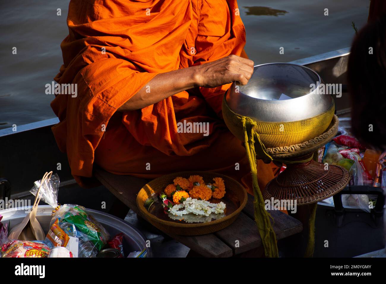 Thai people foreign traveler travel visit and join tradition merit ...