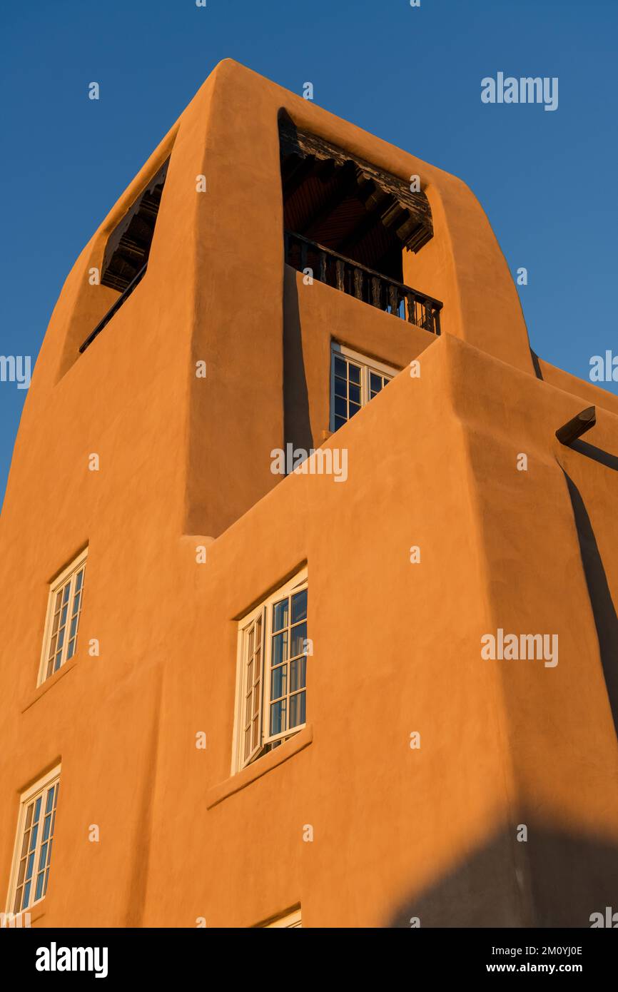 Vertical view of the bell tower of the historic La Fonda Hotel in Santa ...