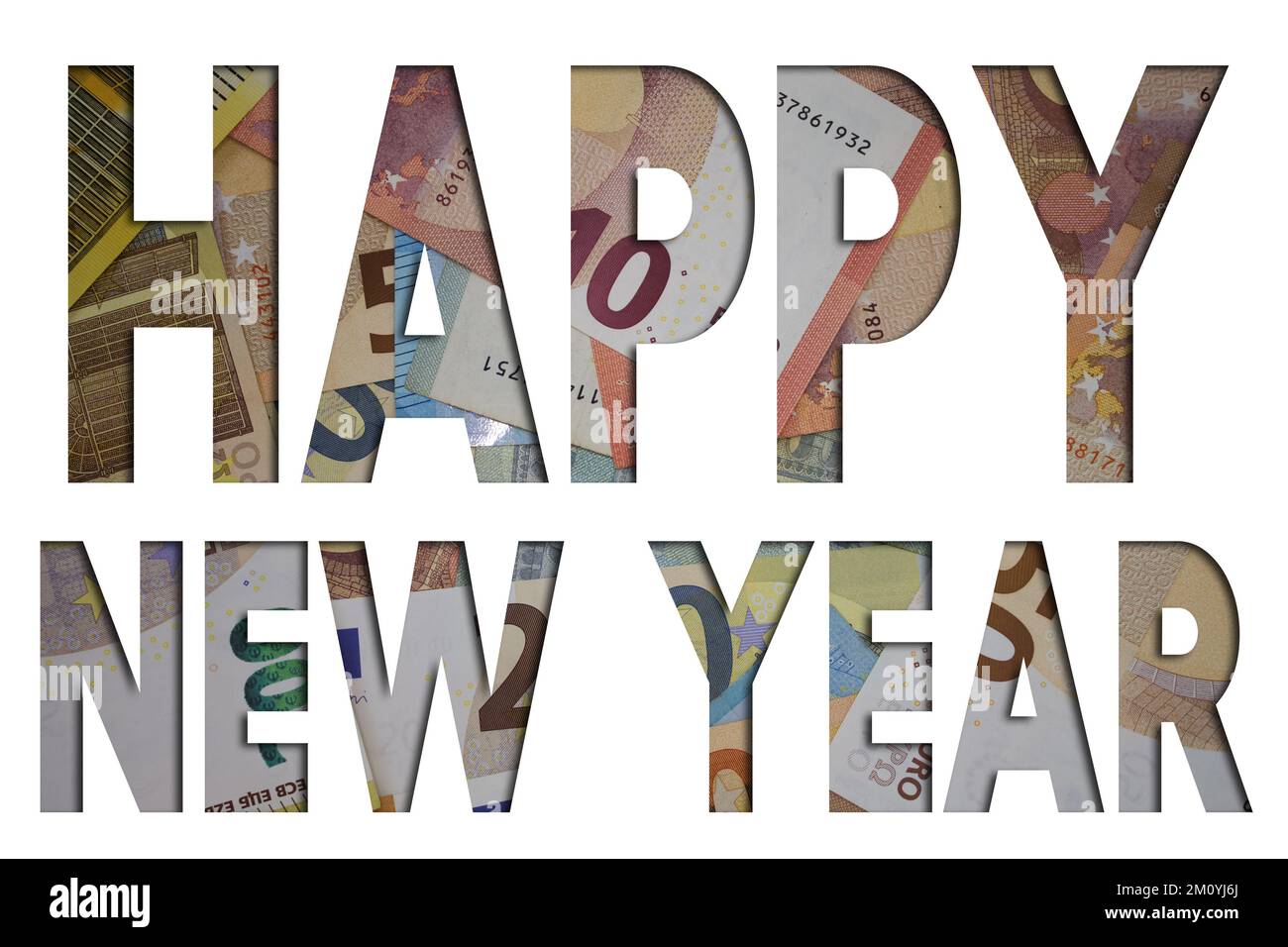 Happy New Year word with money. Paper currency background with ...