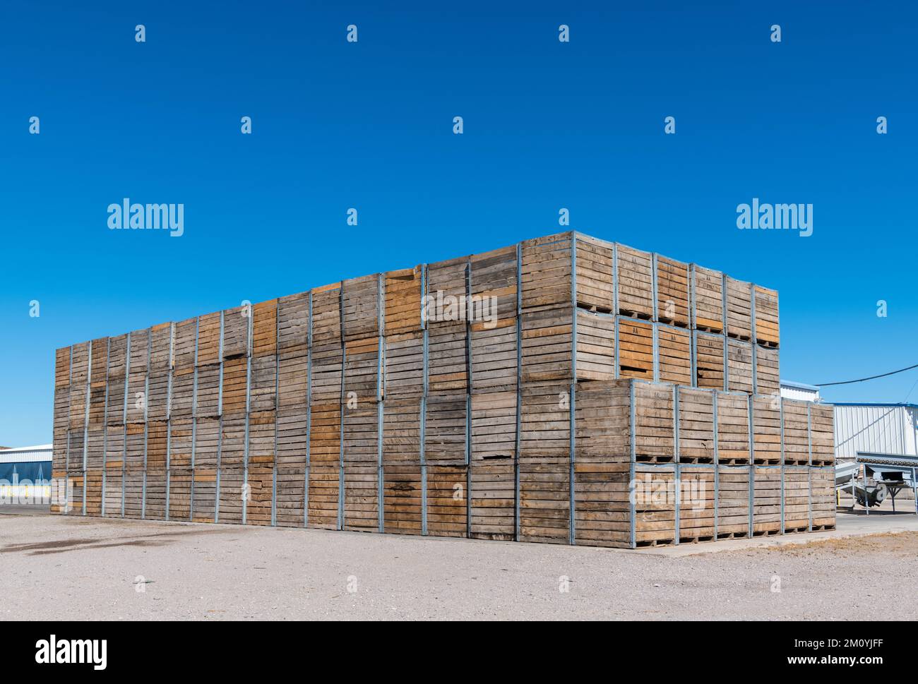 Agricultural industry scene of stacked wood bins for storage of ...