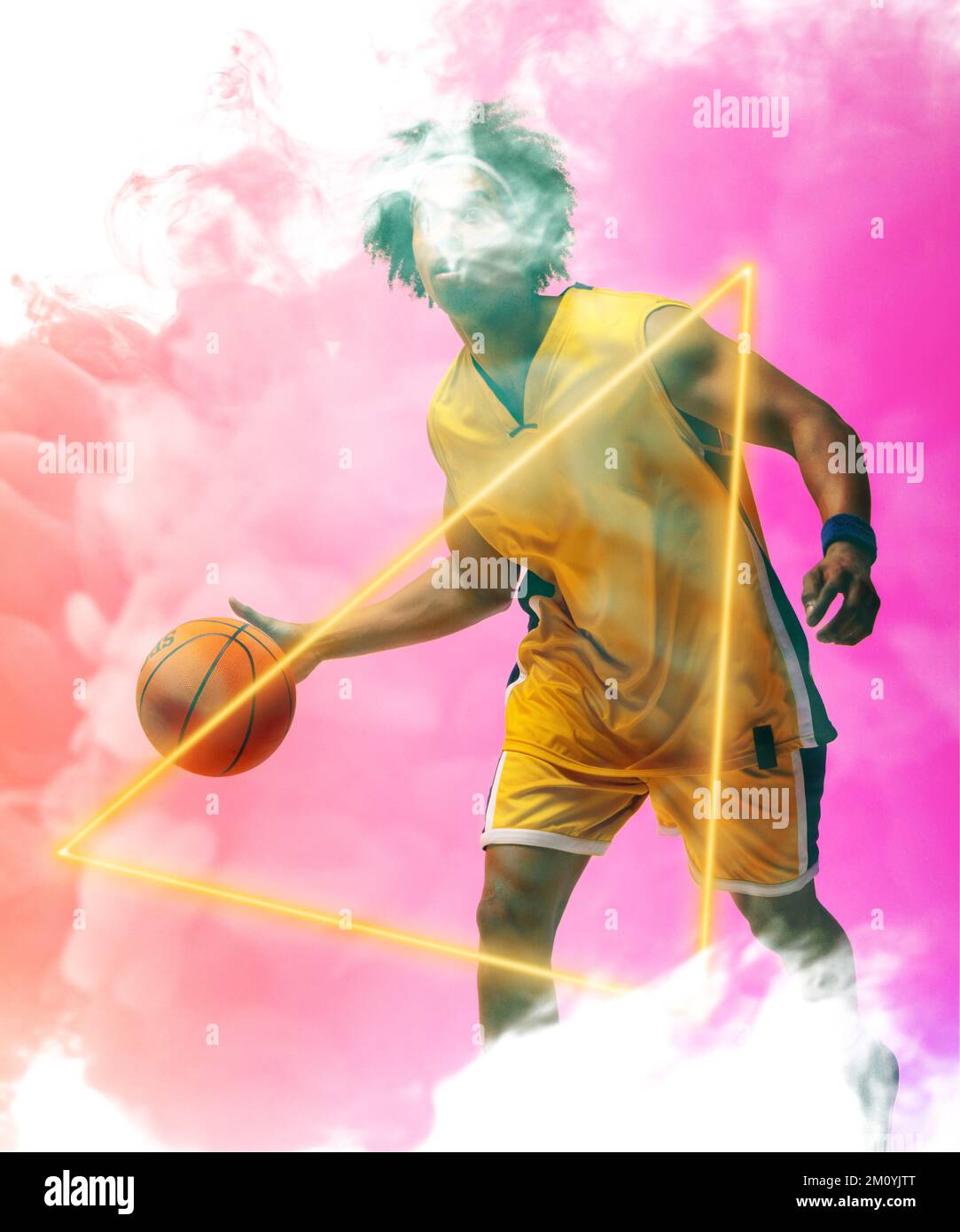 Composite of biracial male player dribbling basketball by triangle over ...