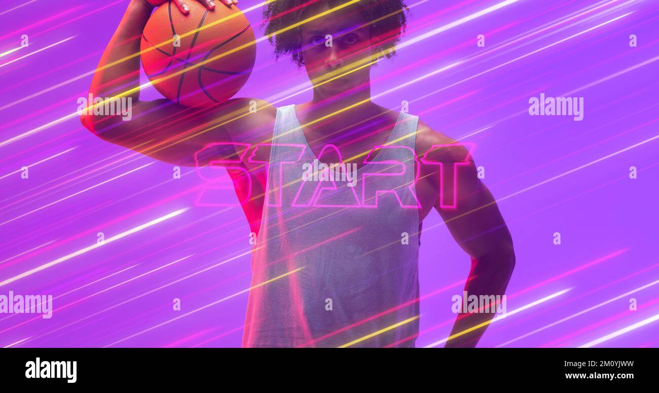 Portrait of biracial basketball player holding ball over start text and ...