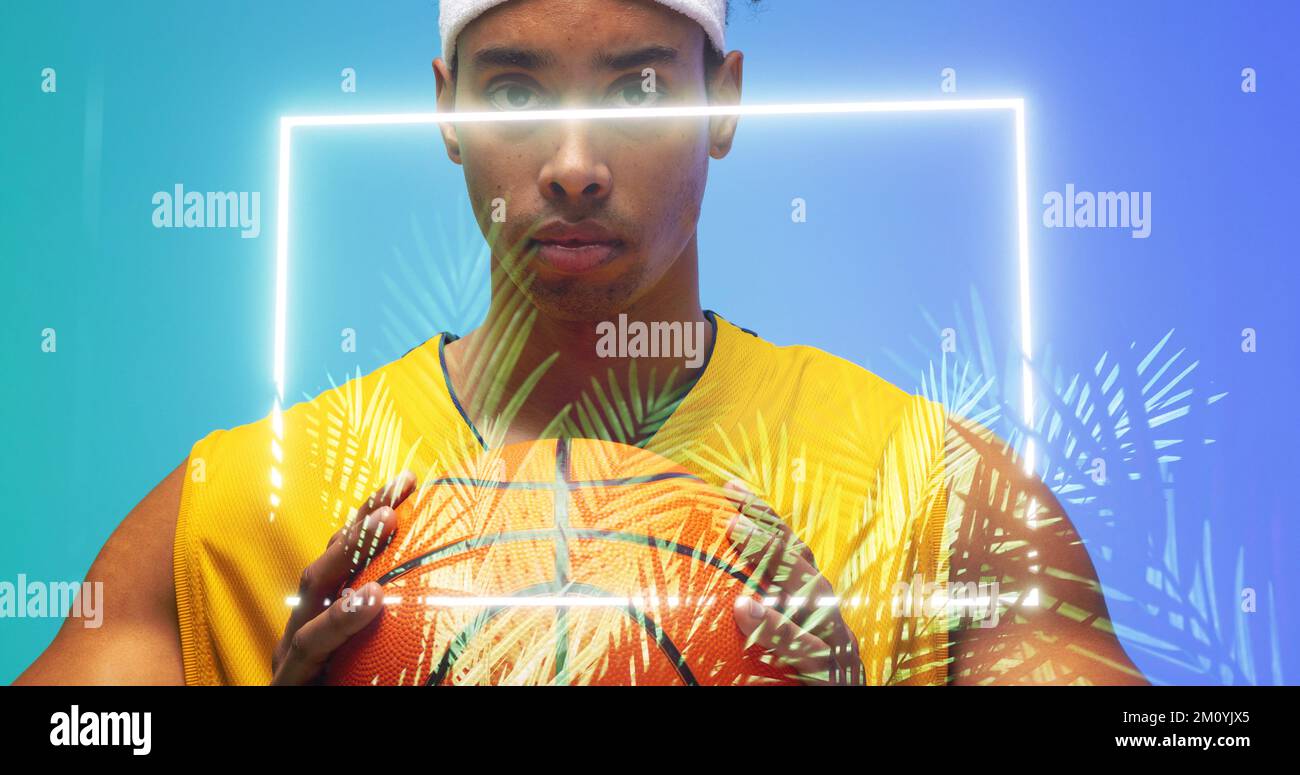 Composite of illuminated rectangle and plants over portrait of serious ...