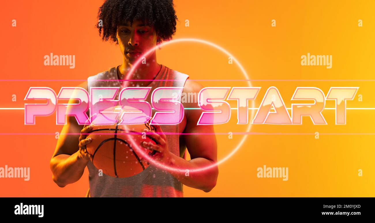 Composite of press start text with circle over thoughtful male biracial ...