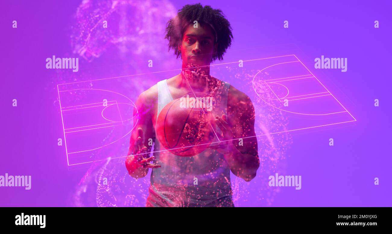 Composite of illuminated basketball court and abstract pattern over ...