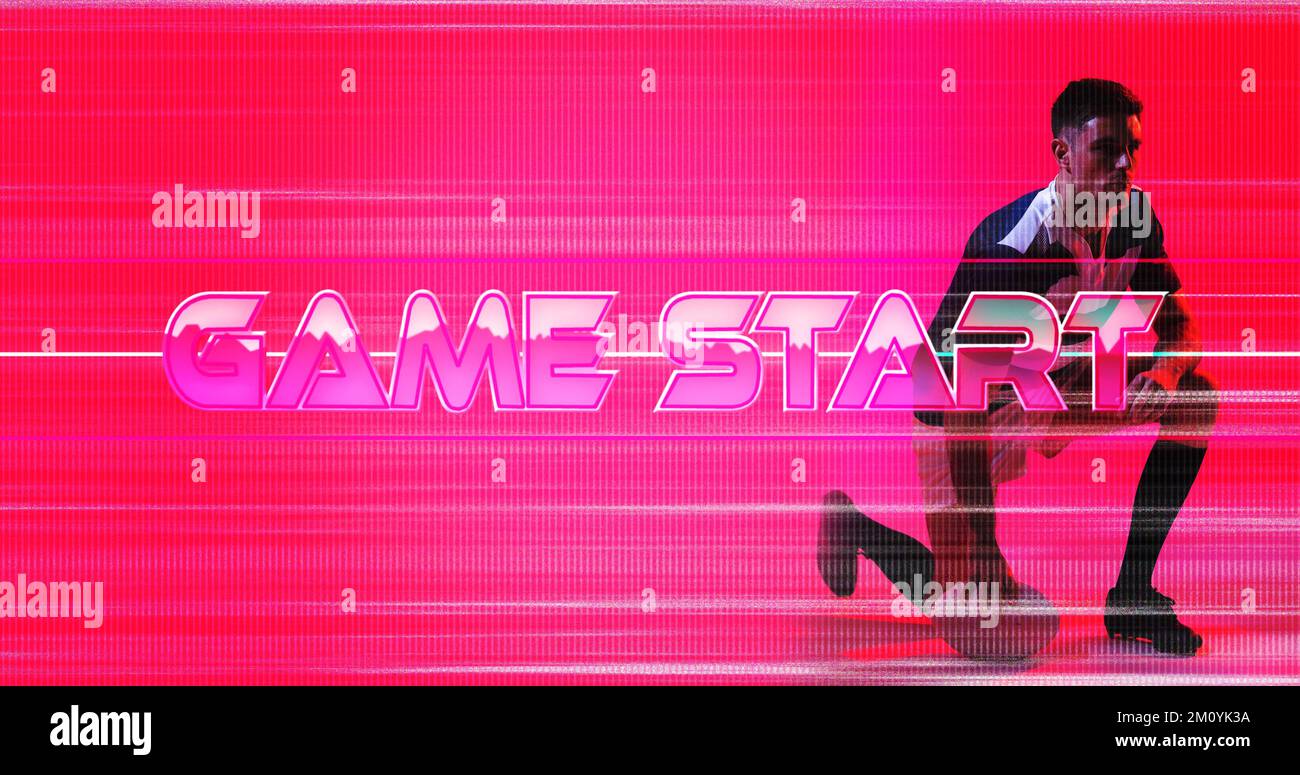 Game start text and glitch technique with caucasian rugby player ...