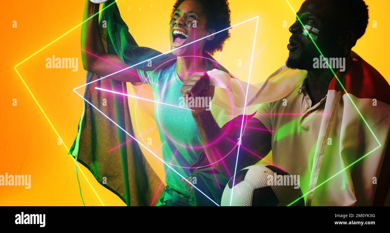 Composite of cheerful diverse fans with brazilian and england flags ...