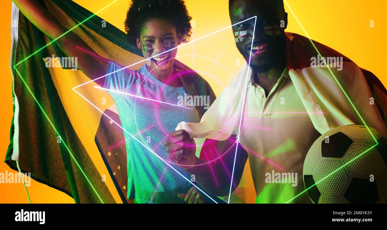 Geometric shapes over cheerful diverse fans with brazilian and england ...