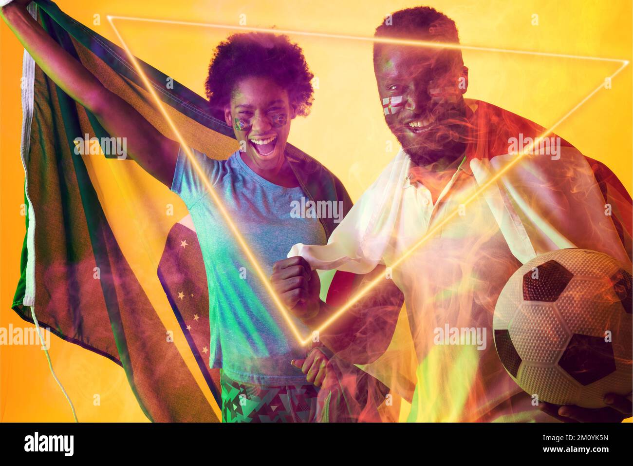 Geometric neon over cheerful african american fans with flags painted ...