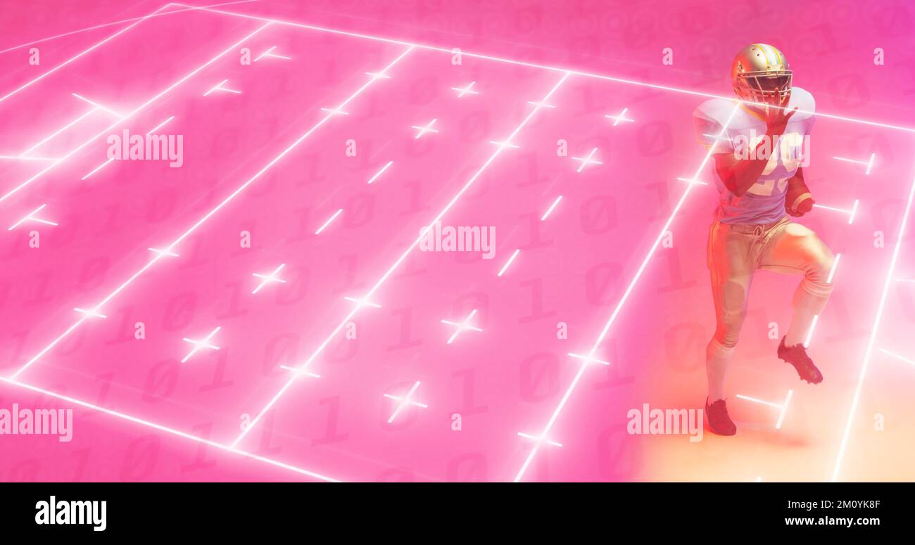 Composite of illuminated american football field and player with ball ...