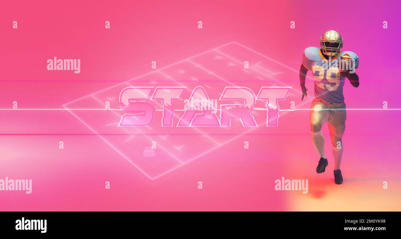Illuminated american football field with start text and player with ...