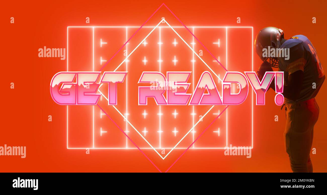 Male players standing by illuminated get ready text with squares over ...