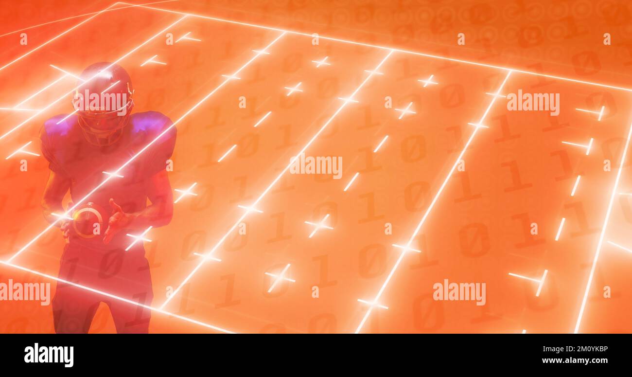 Composite of male player with ball standing over binary codes and ...