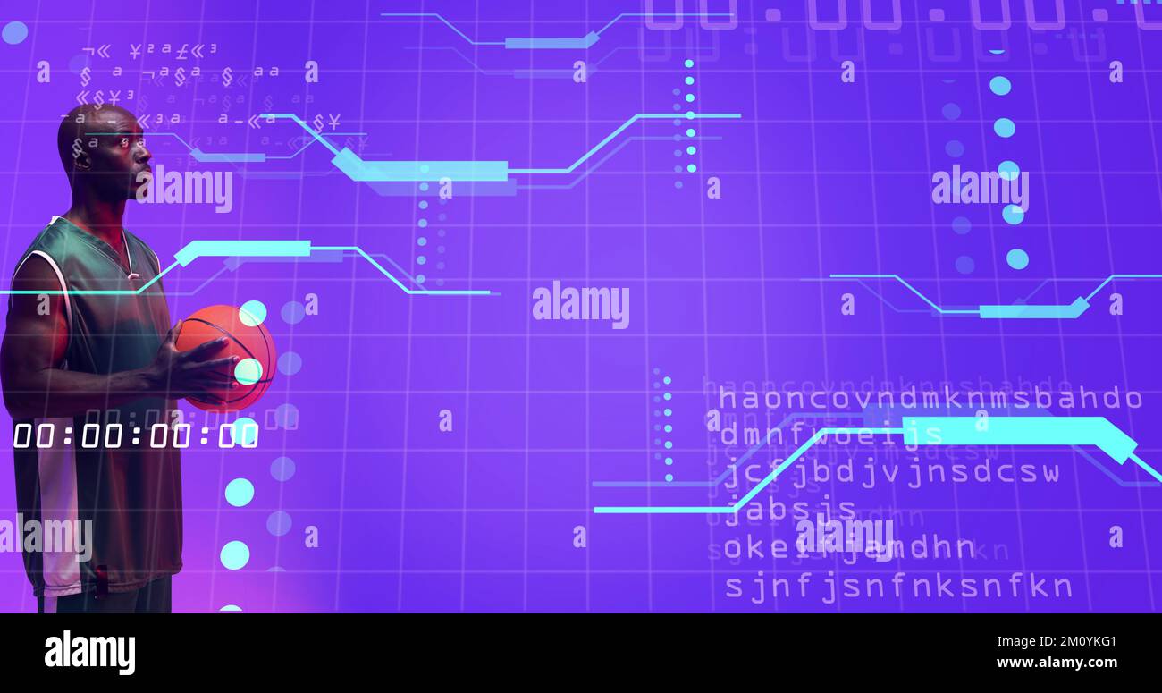 African american bald player holding basketball standing over grid ...