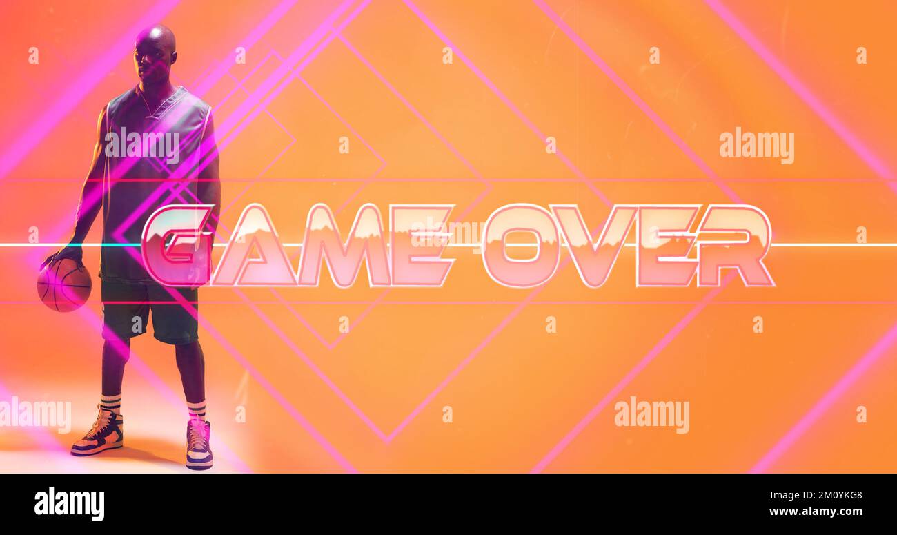 Composite of game over text with pink lines and bald african american ...