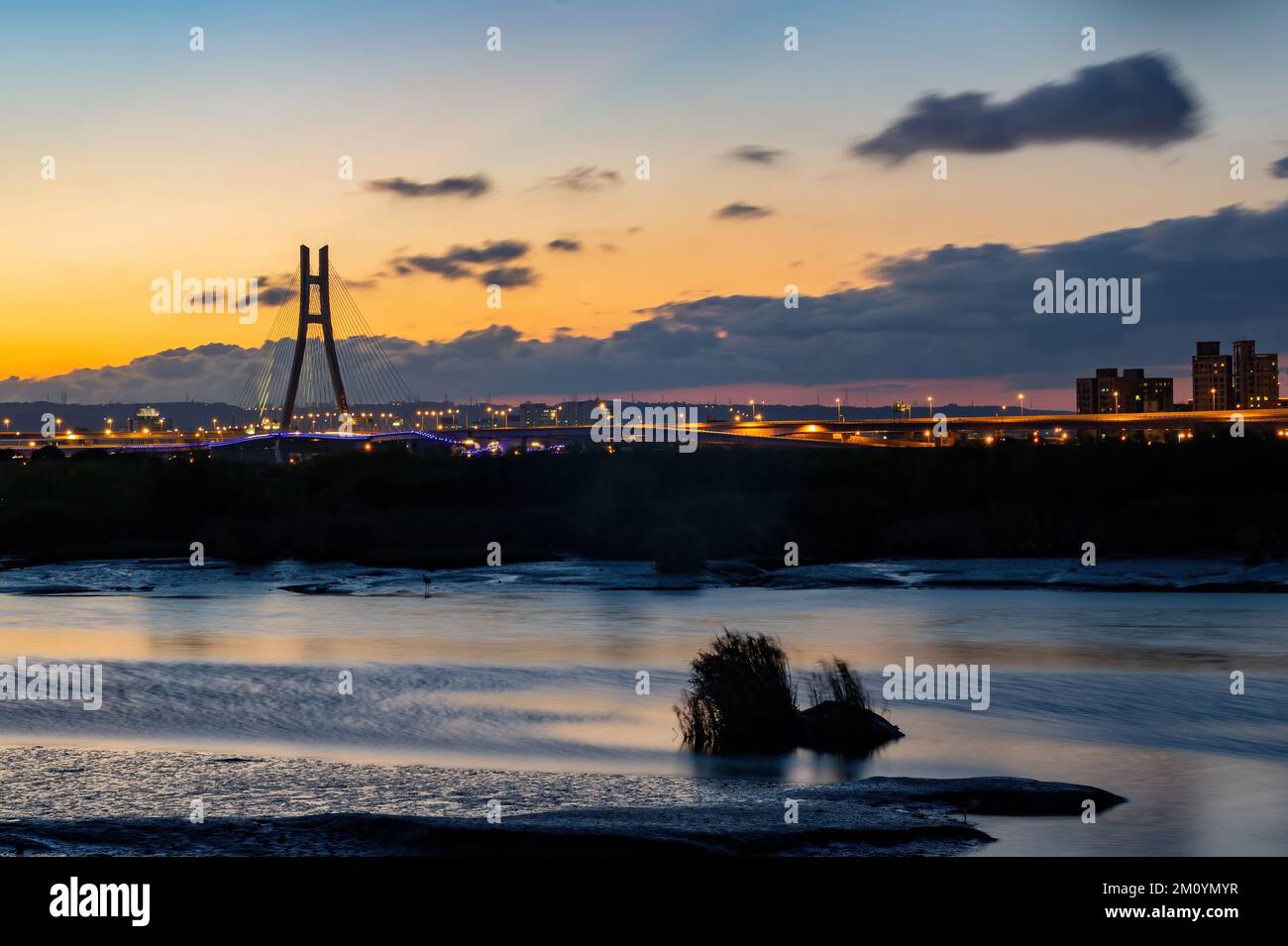 Sunset bridge landscape and Tamsui River at Taipei, Taiwan Stock Photo ...