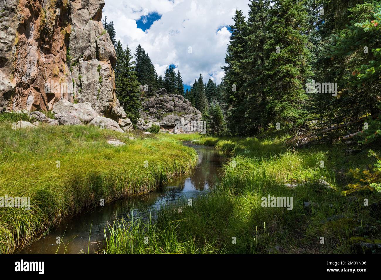 Idyllic scene of a stream flowing through a canyon with lush meadows ...