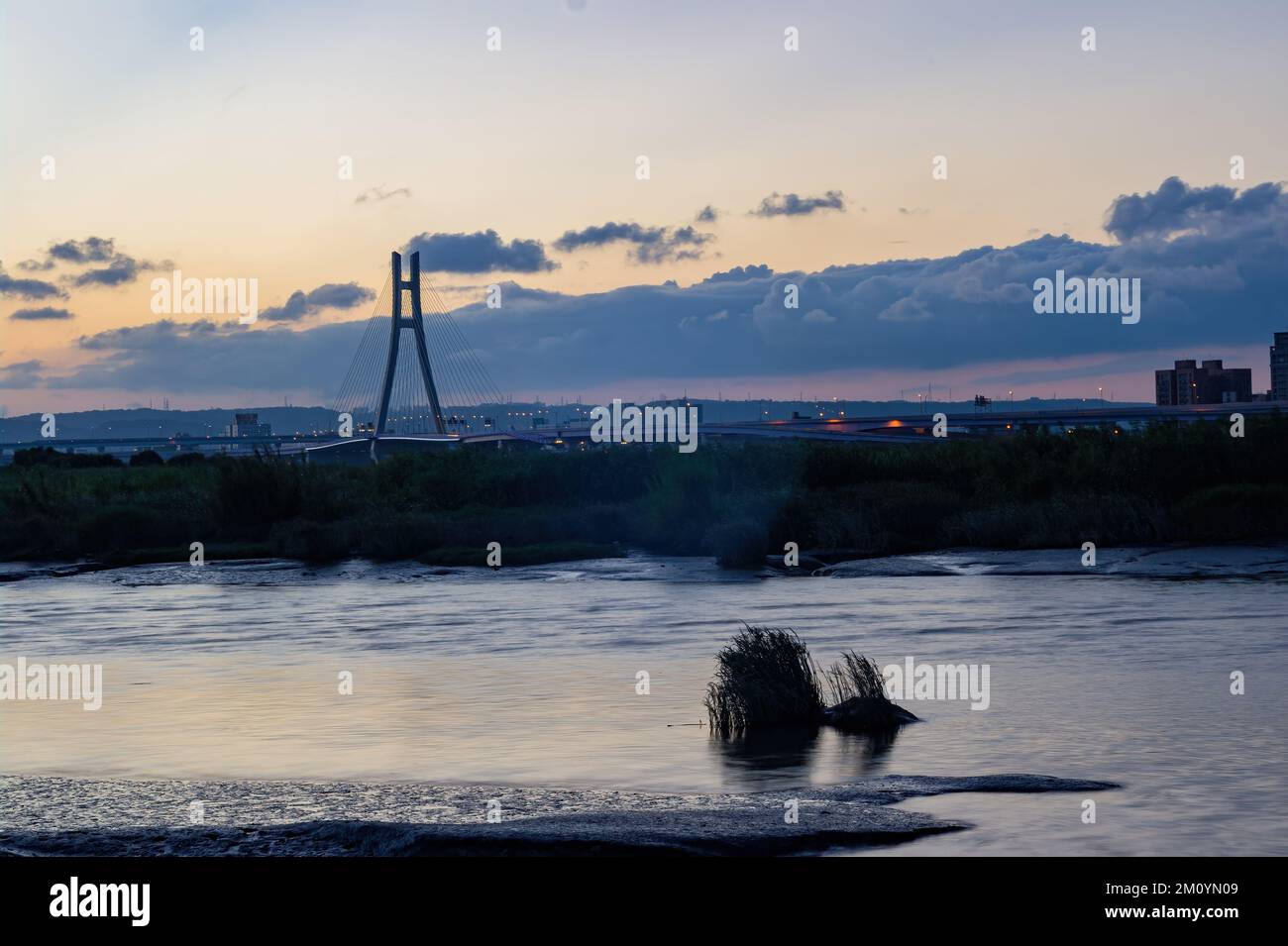 Sunset bridge landscape and Tamsui River at Taipei, Taiwan Stock Photo ...