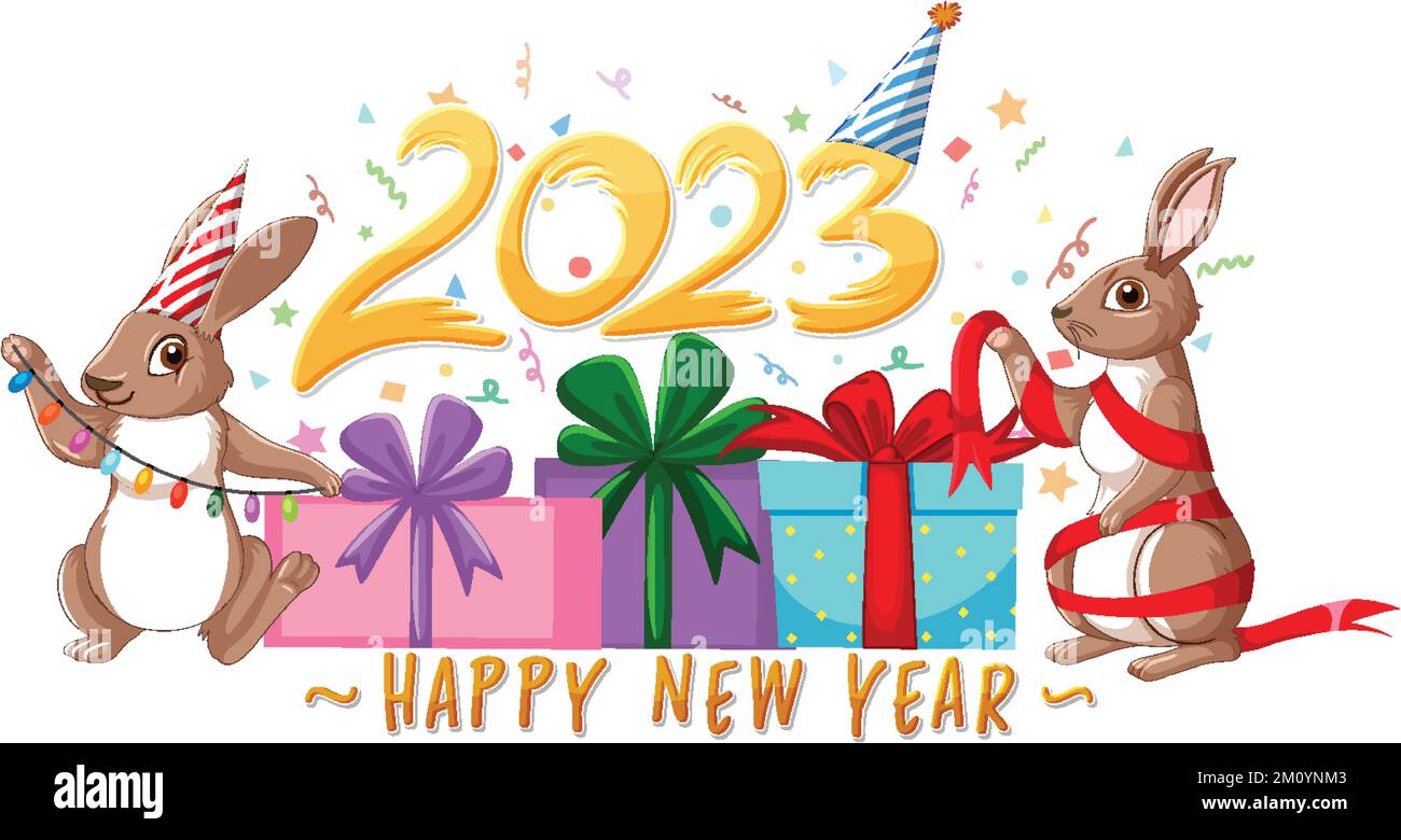 Happy New Year text with cute rabbit for banner design illustration ...