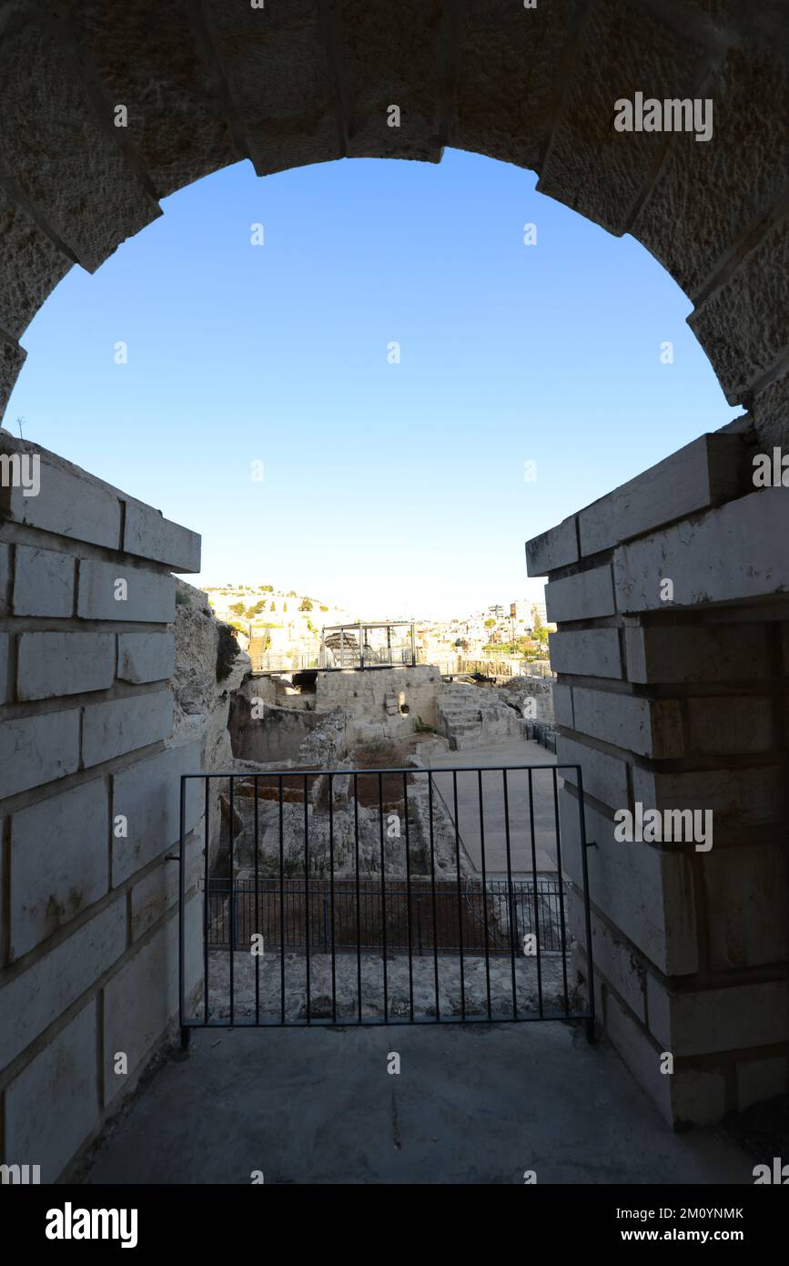 Ancient Jewish ruins at the archeological park in the old city of ...