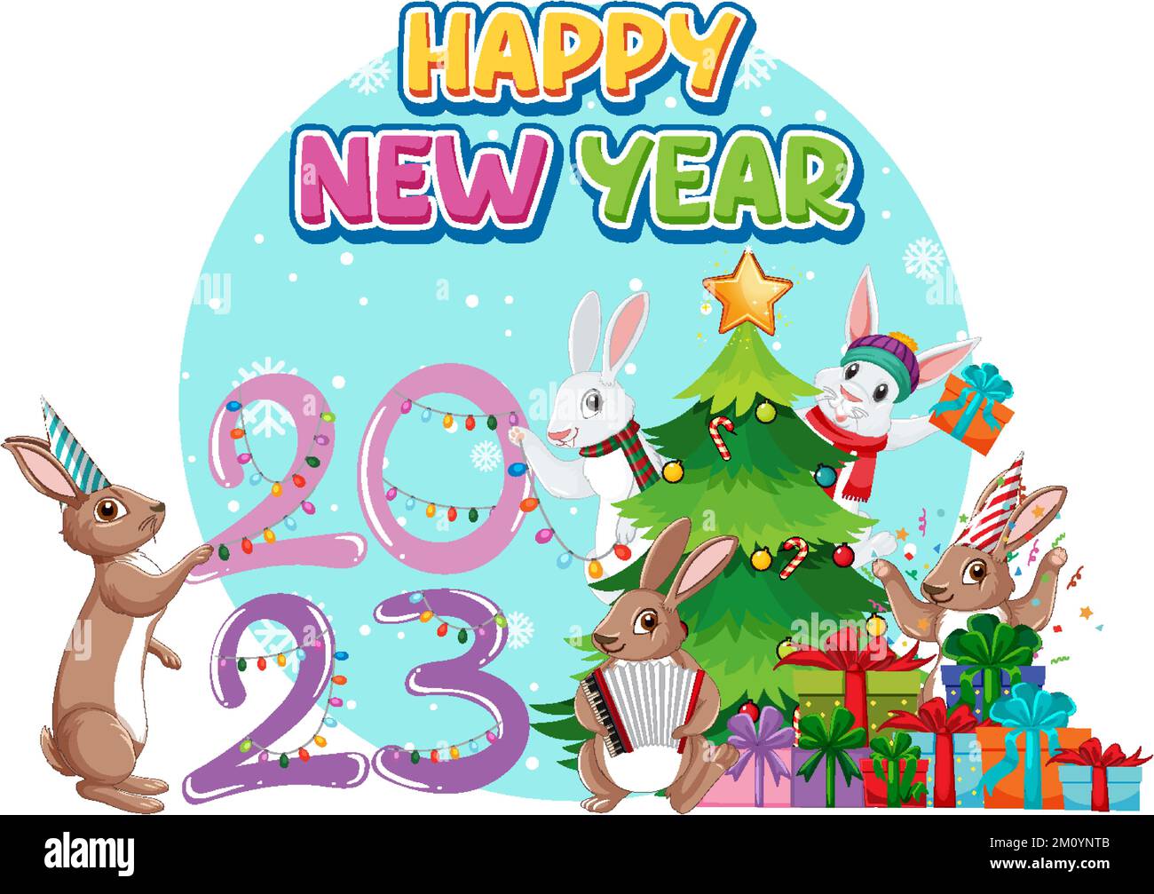 Happy New Year text with cute rabbit for banner design illustration ...
