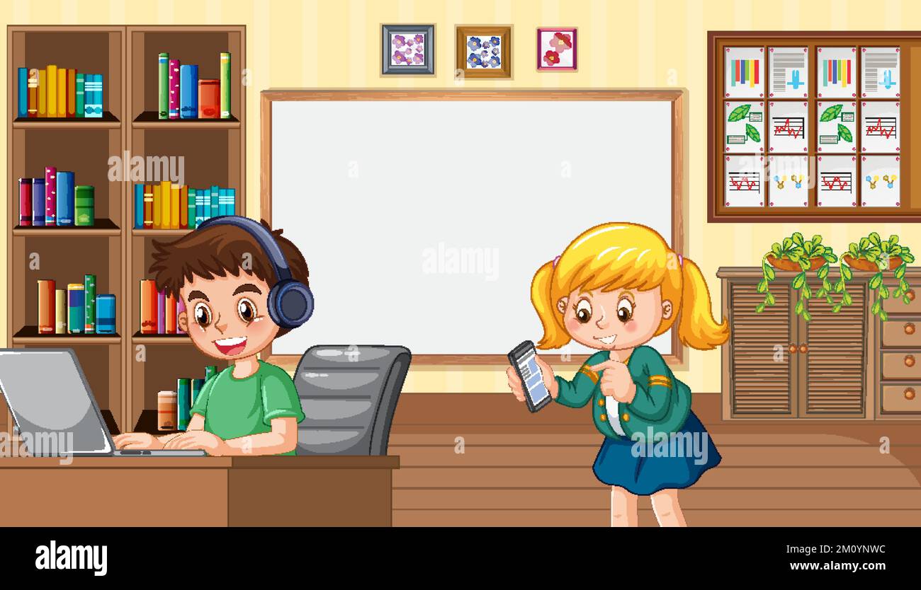 Children using technology devices at home illustration Stock Vector ...