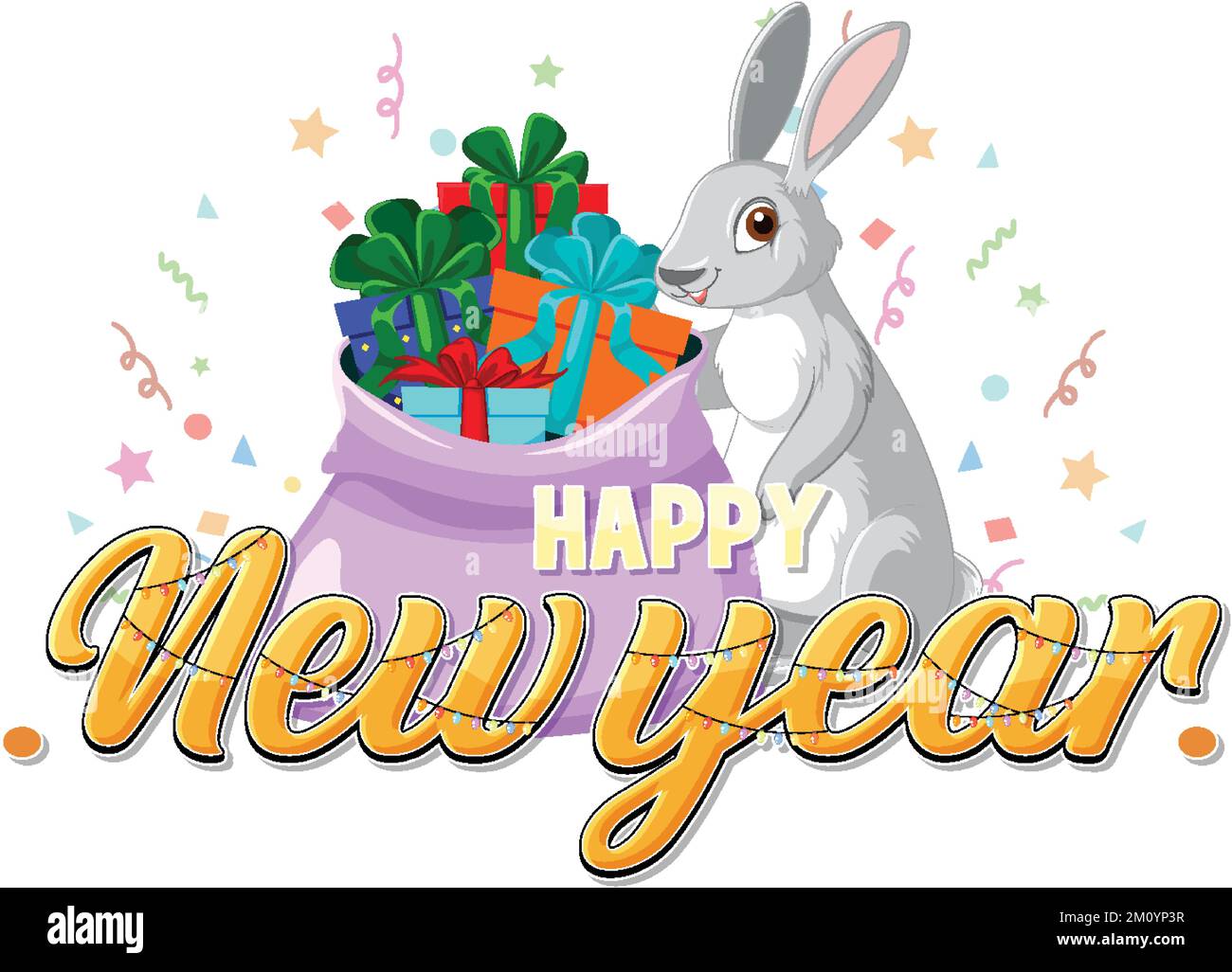 Happy New Year text with cute rabbit for banner design illustration ...