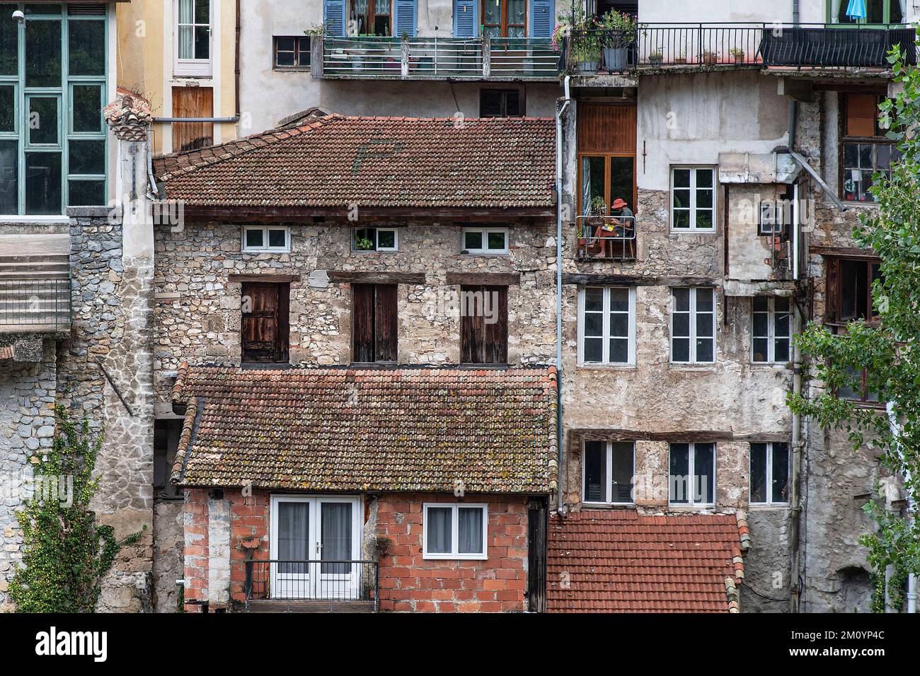 Hanging houses in the village of Pont en Royan in Isère in France Stock ...