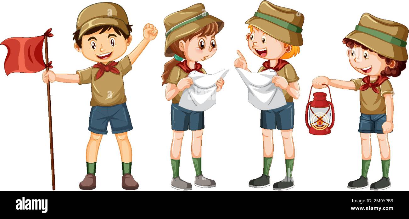 Scout kids hiking cartoon characters illustration Stock Vector Image ...