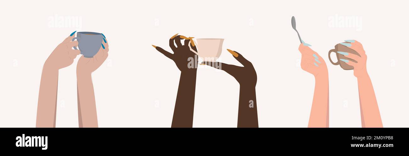 Hands with coffee, tea cups vector illustration. Diverse female hand ...