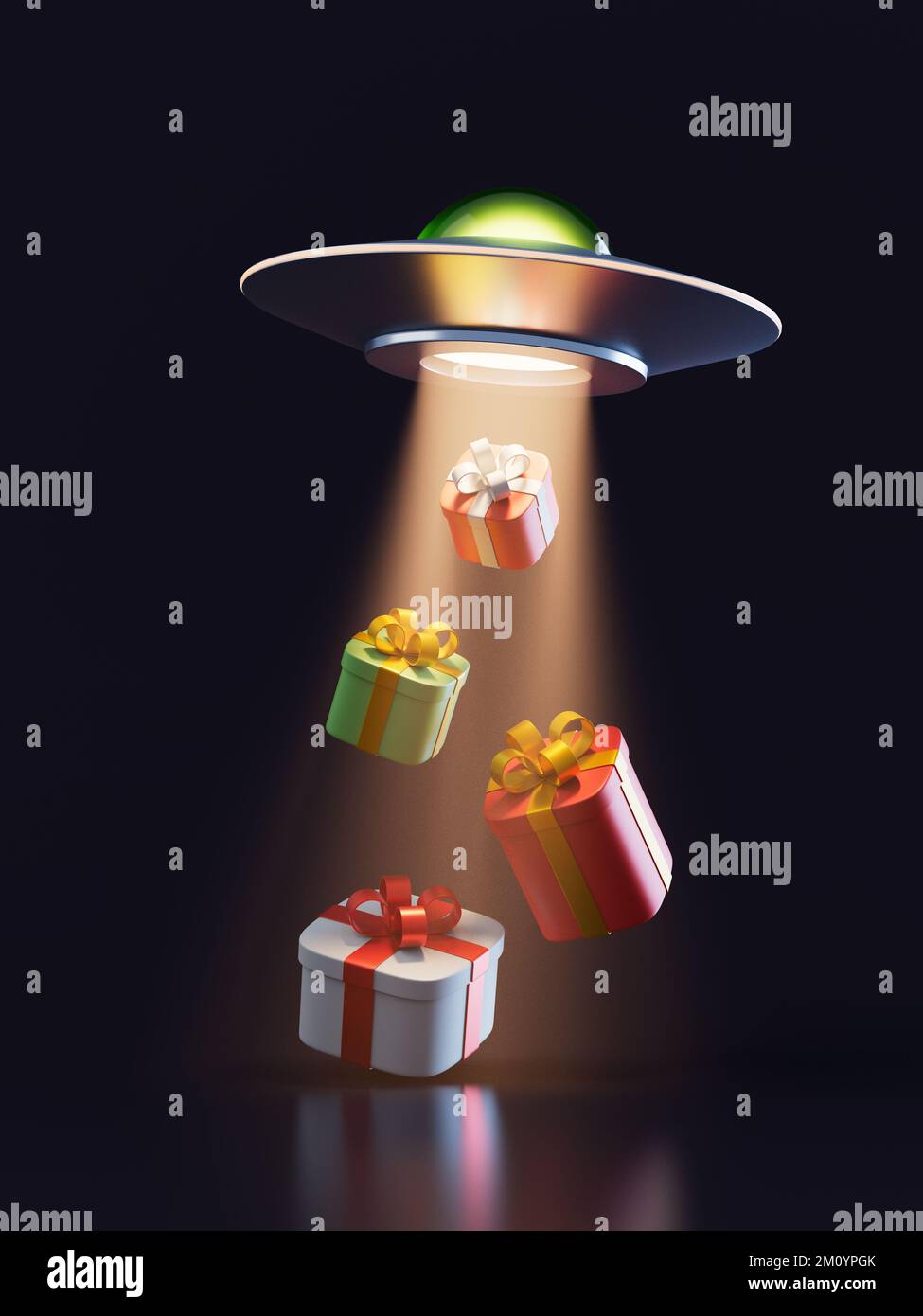 Simle UFOs steal gifts with a light beam 3d render illustration ...
