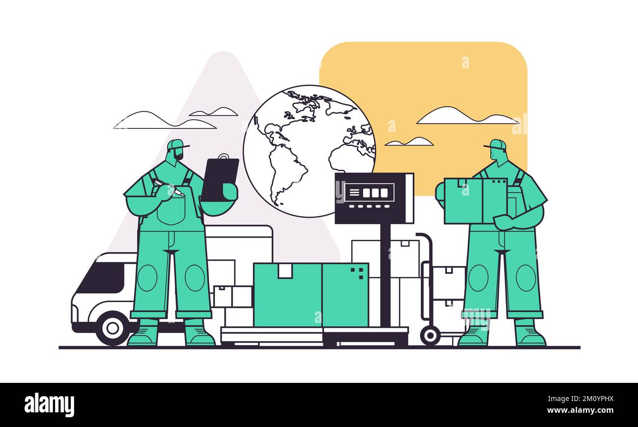 deliverymen in uniform checks parcels in warehouse express delivery ...