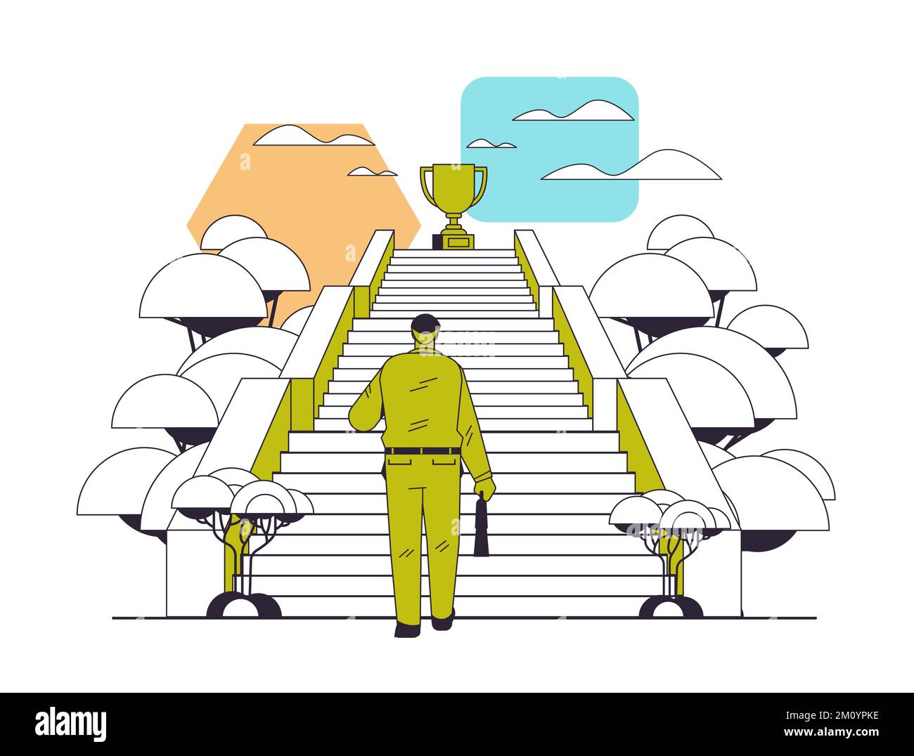 businessman walking up stairway to golden trophy cup business man win ...