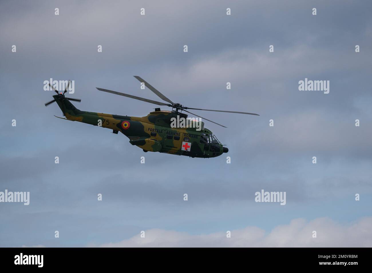 A helicopter of Romanian Air Force flying at Bucharest International ...