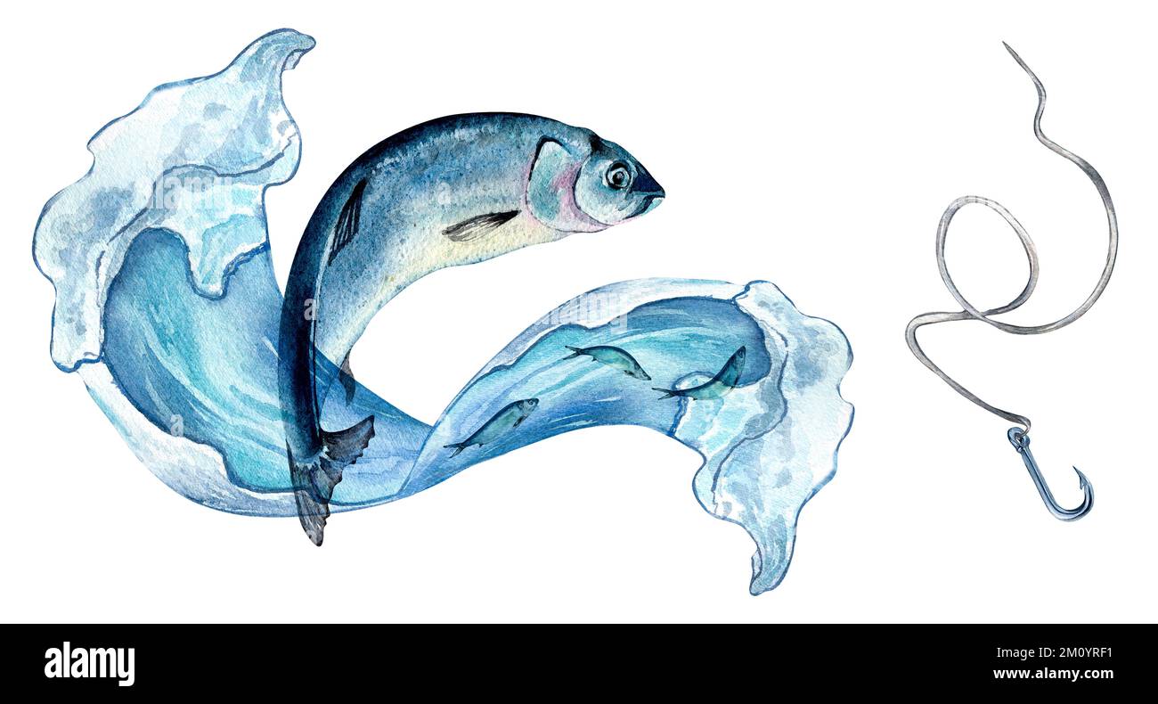 Banner of herring and sea wave watercolor illustration isolated on ...