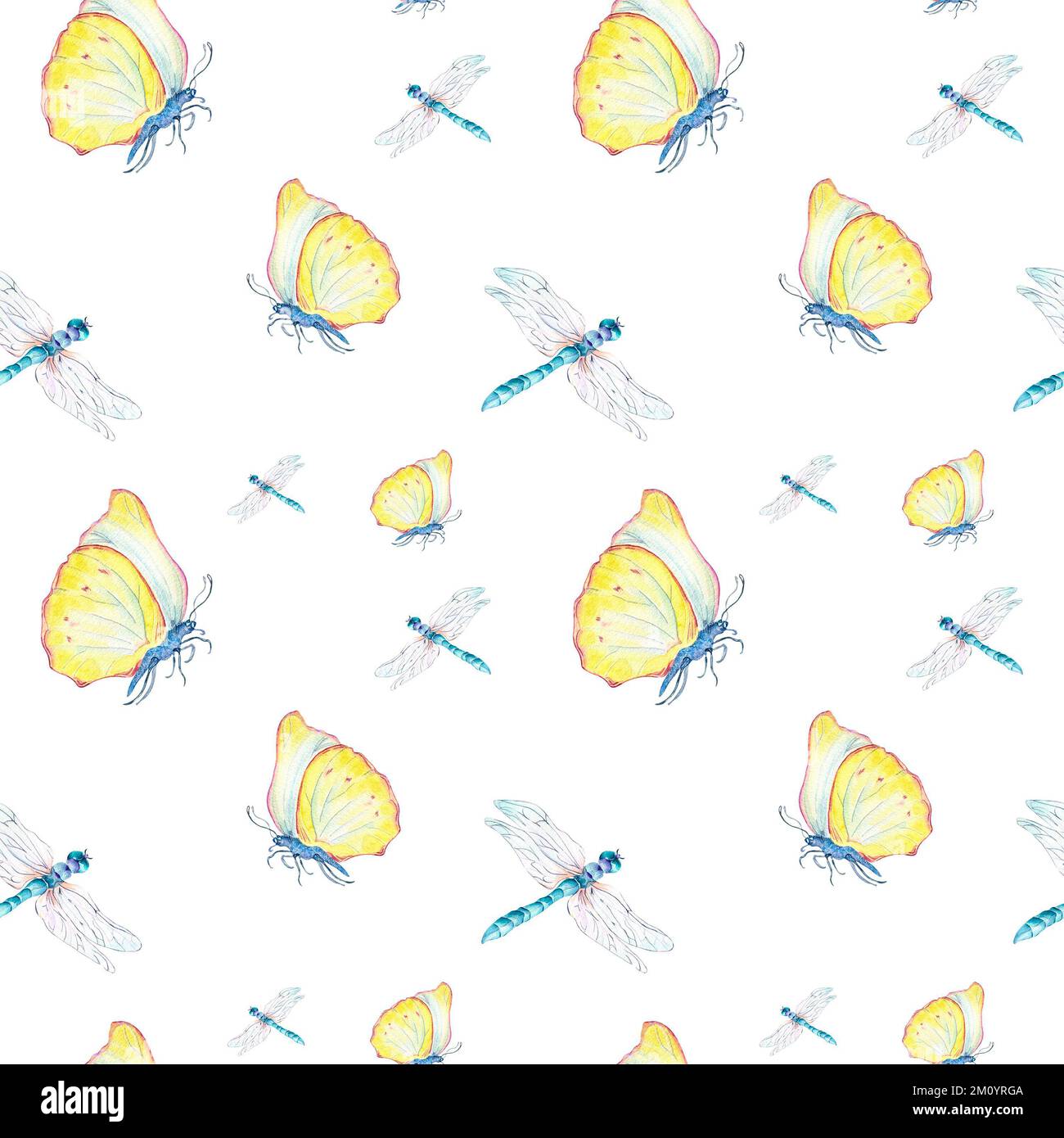 Butterfly and dragonfly watercolor seamless pattern on white. Yellow ...