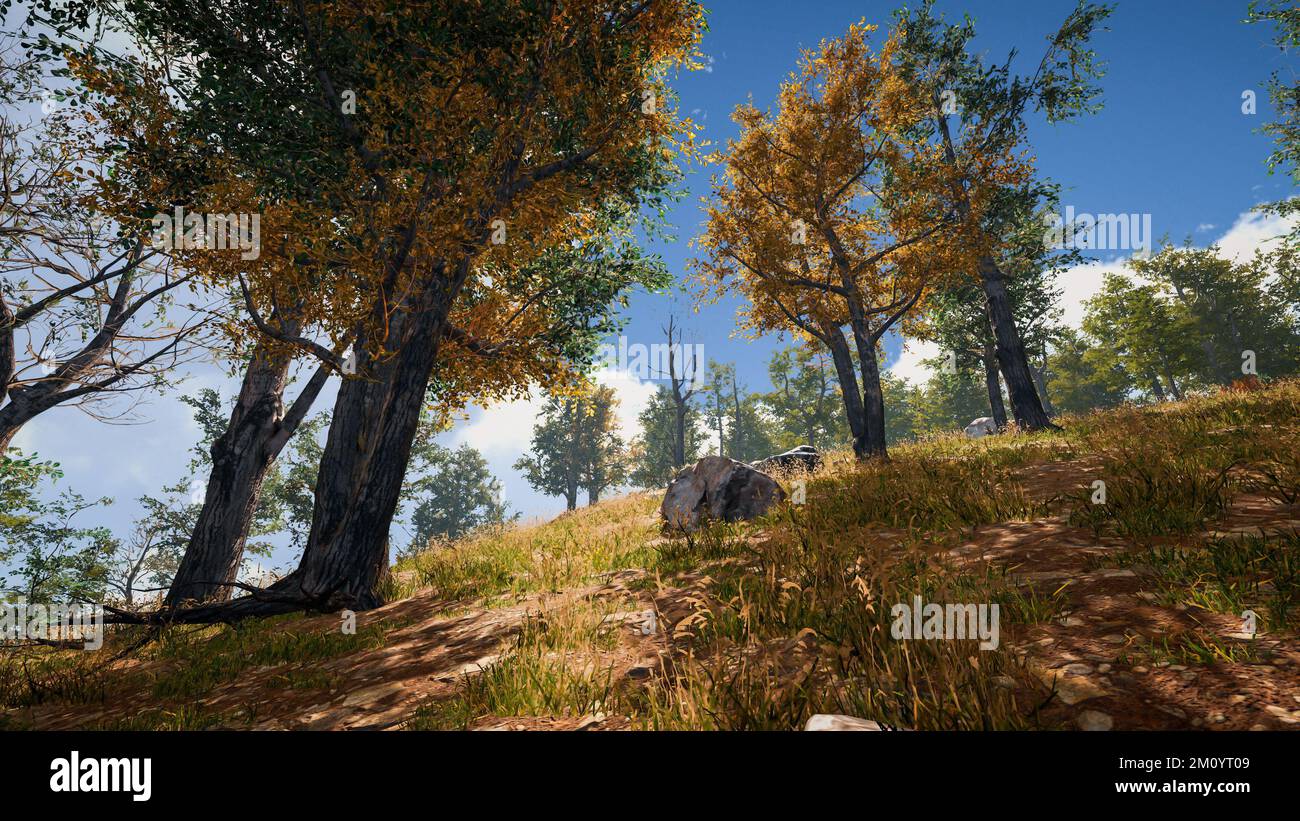 3D rendering. An immersive natural environment. Landscape to illustrate ...