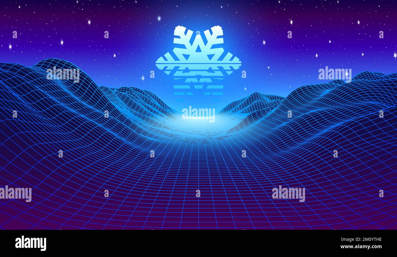 80s styled Christmas synthwave landscape with shiny striped snowflake ...