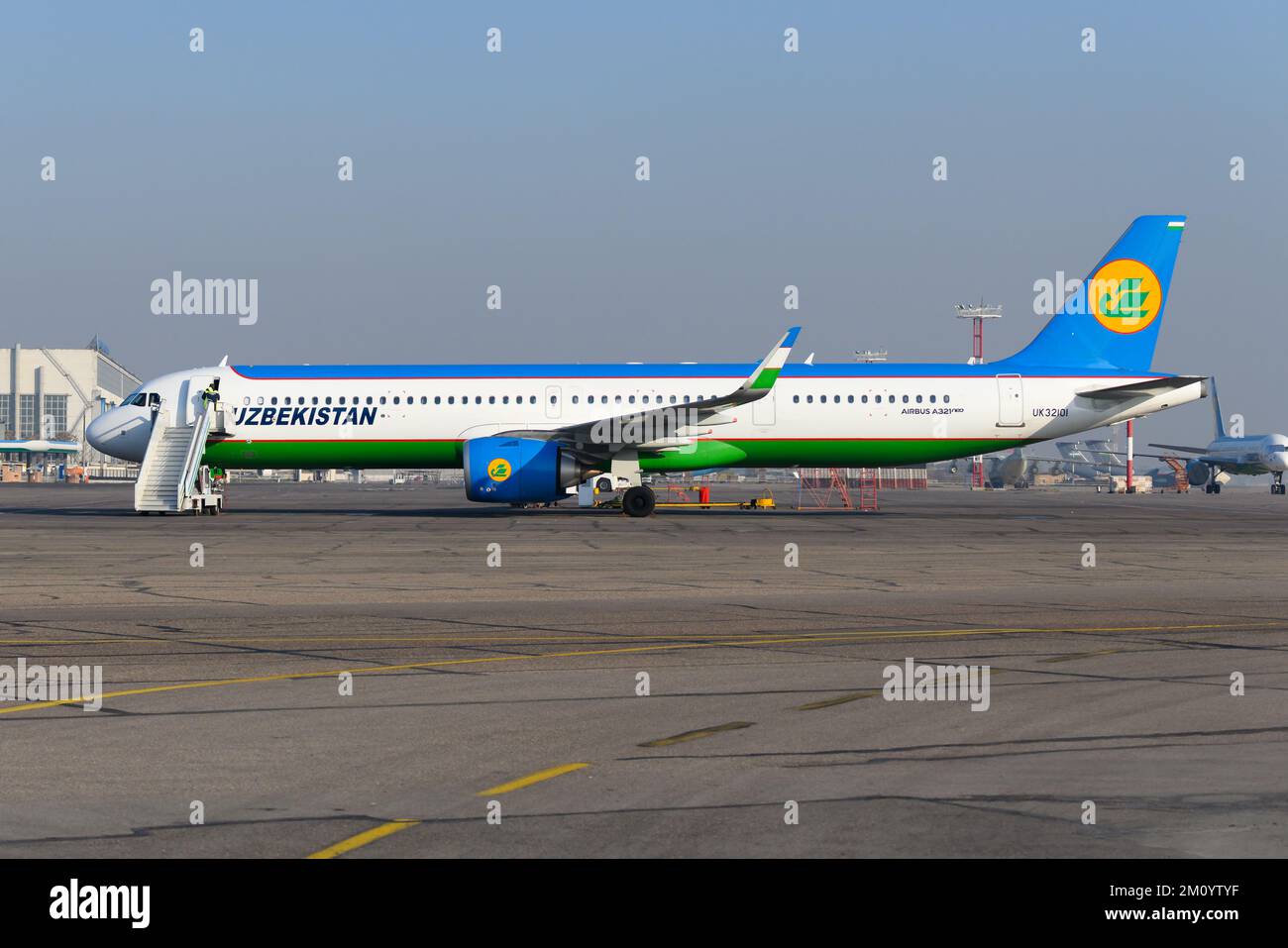 Uzbekistan Airways A321neo aircraft parked. Airplane A321 of Uzbekistan Airways airline ...