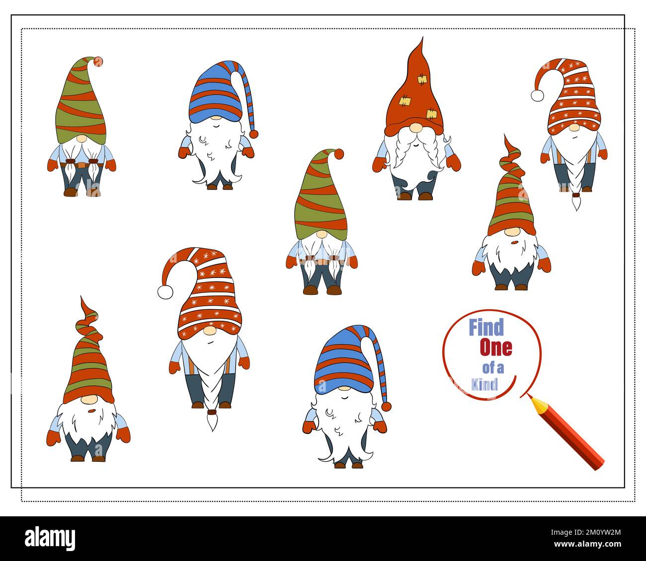 A puzzle game for kids, find the one of a kind. Cartoon Christmas Gnome ...