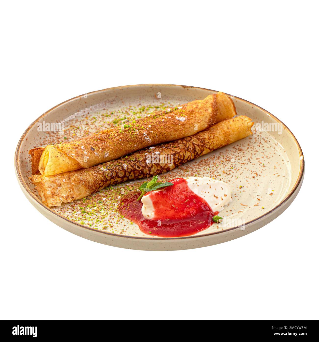 Isolated sweet crepe roll with cream and jam Stock Photo - Alamy