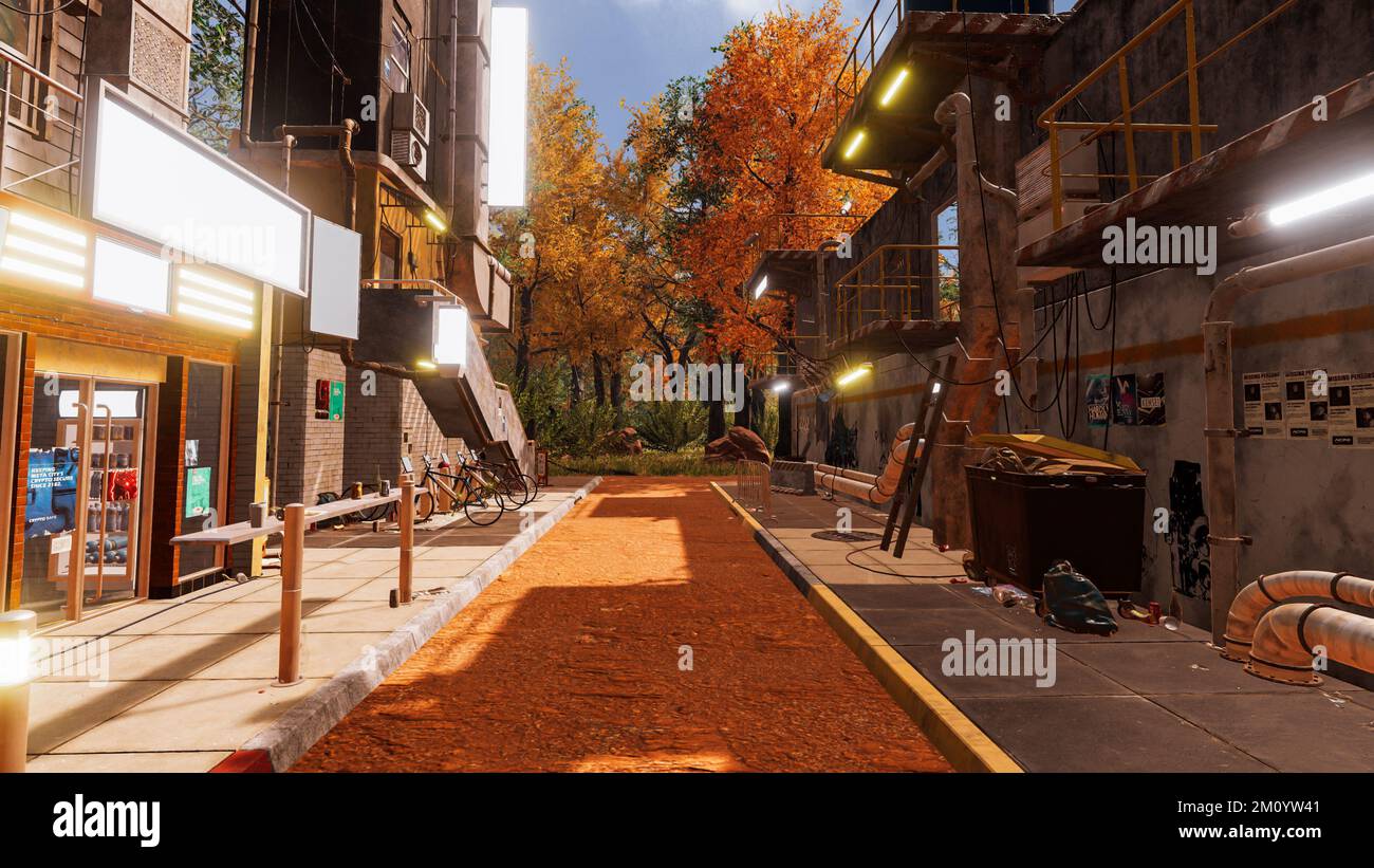 3D rendering. Futuristic landscape, Neo city with cyberpunk style and ...